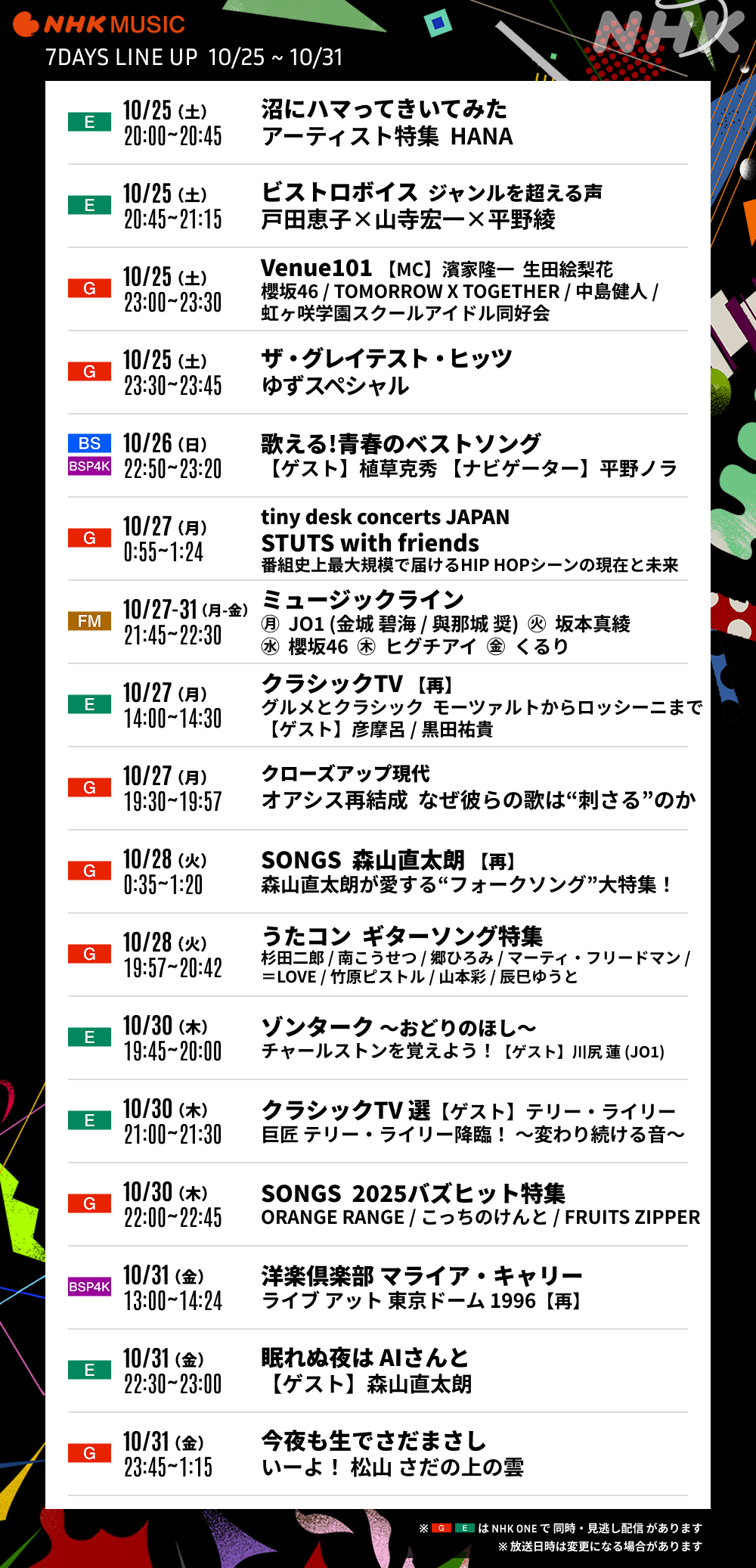 10/25～10/31までのイチオシ番組カレンダー - NHK